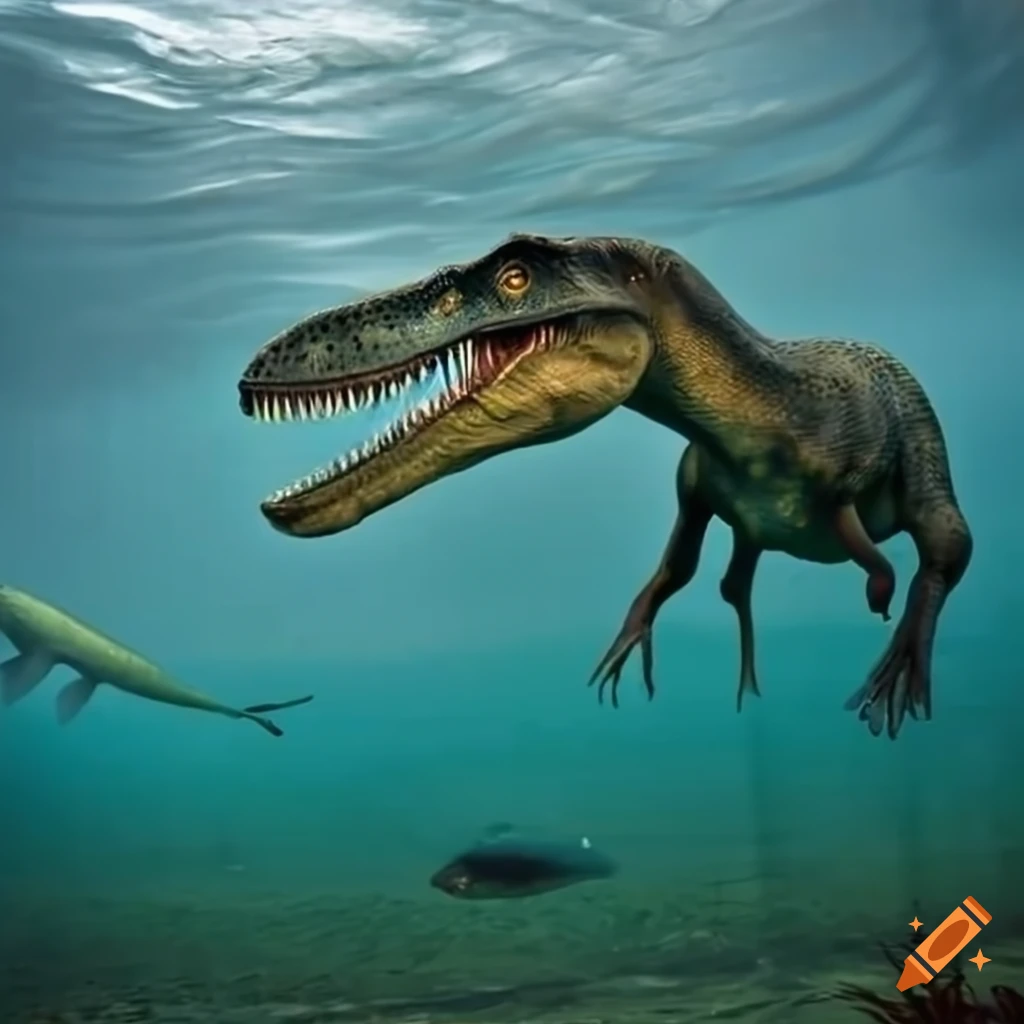 Underwater view of a baryonyx dinosaur fishing in a british columbia river