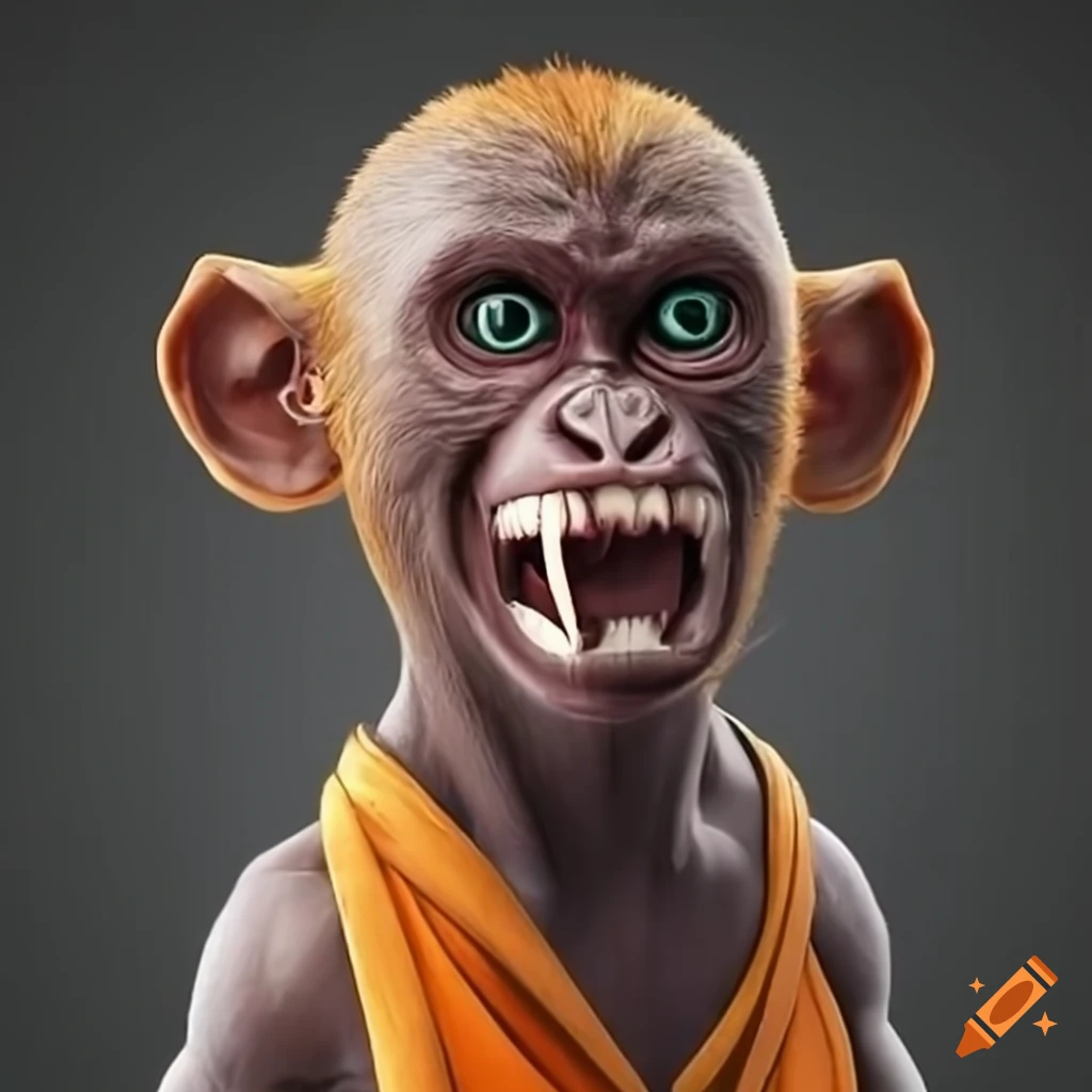 Anthropomorphic monkey with golden orange fur and dark chocolate skin ...