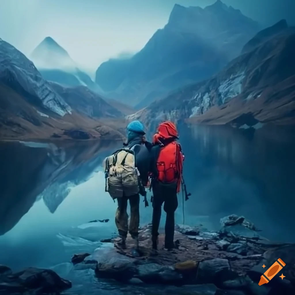 Two guys hiking in the mountains on Craiyon