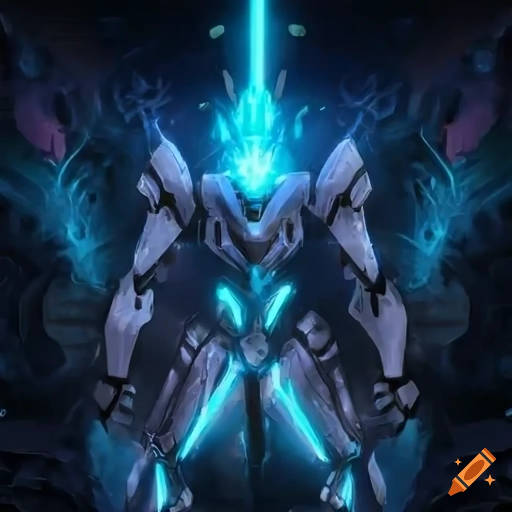Slender white armored mecha with glowing blue eyes and long sword in ...