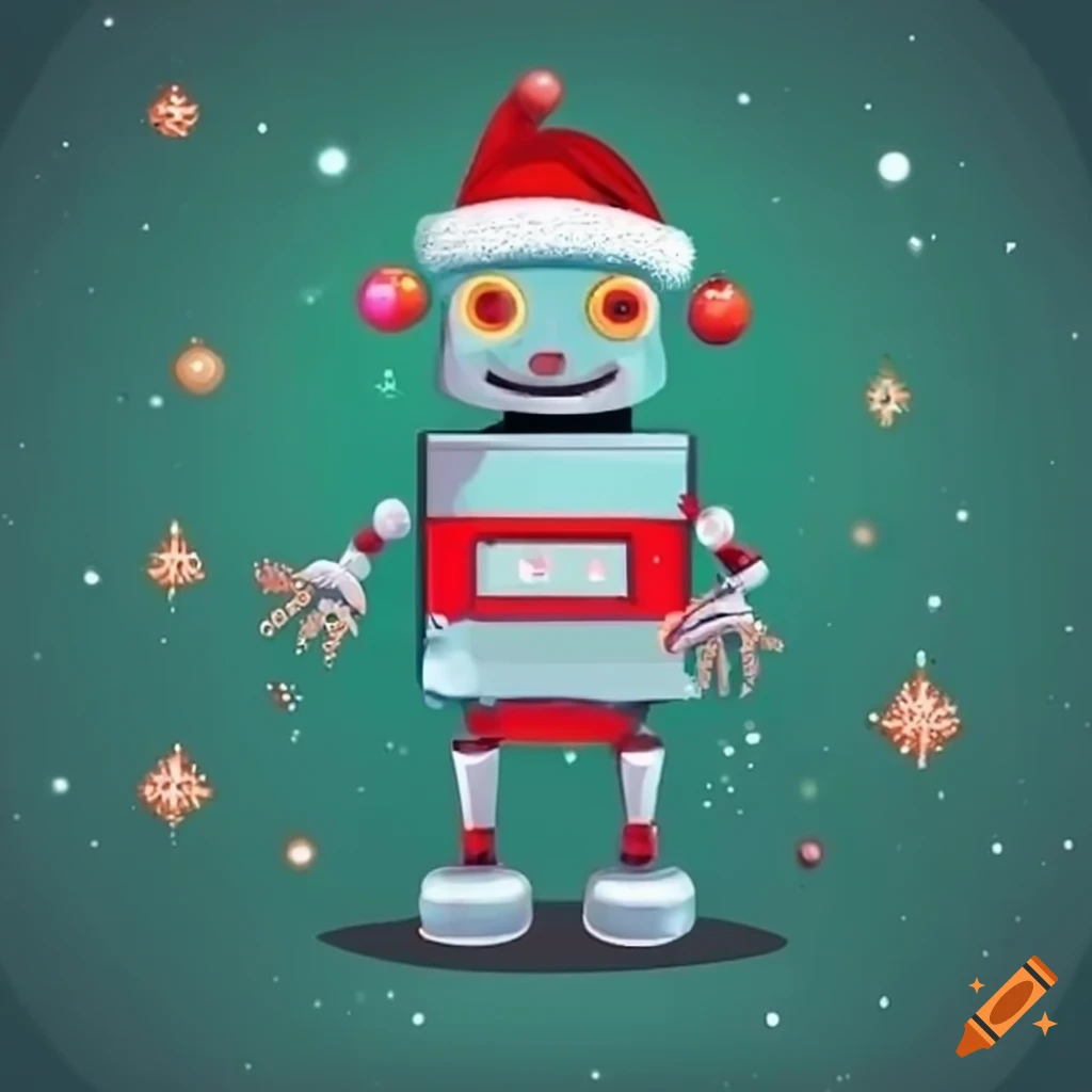 Happy robot in christmas outfit surrounded by trees on Craiyon