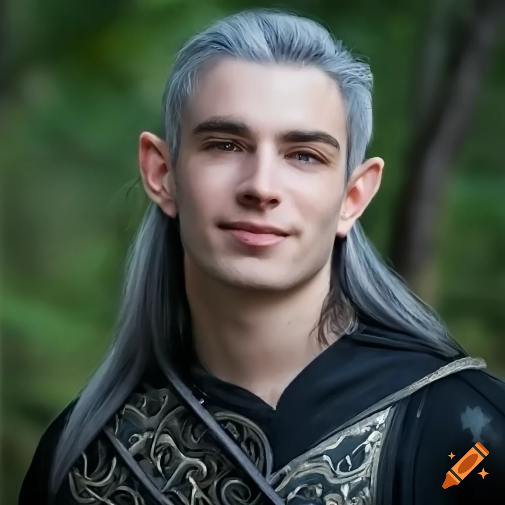 Smiling male elven magician with gray hair and green eyes on Craiyon