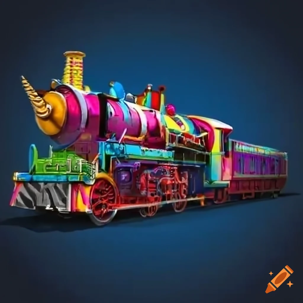Unicorn driving a colorful locomotive