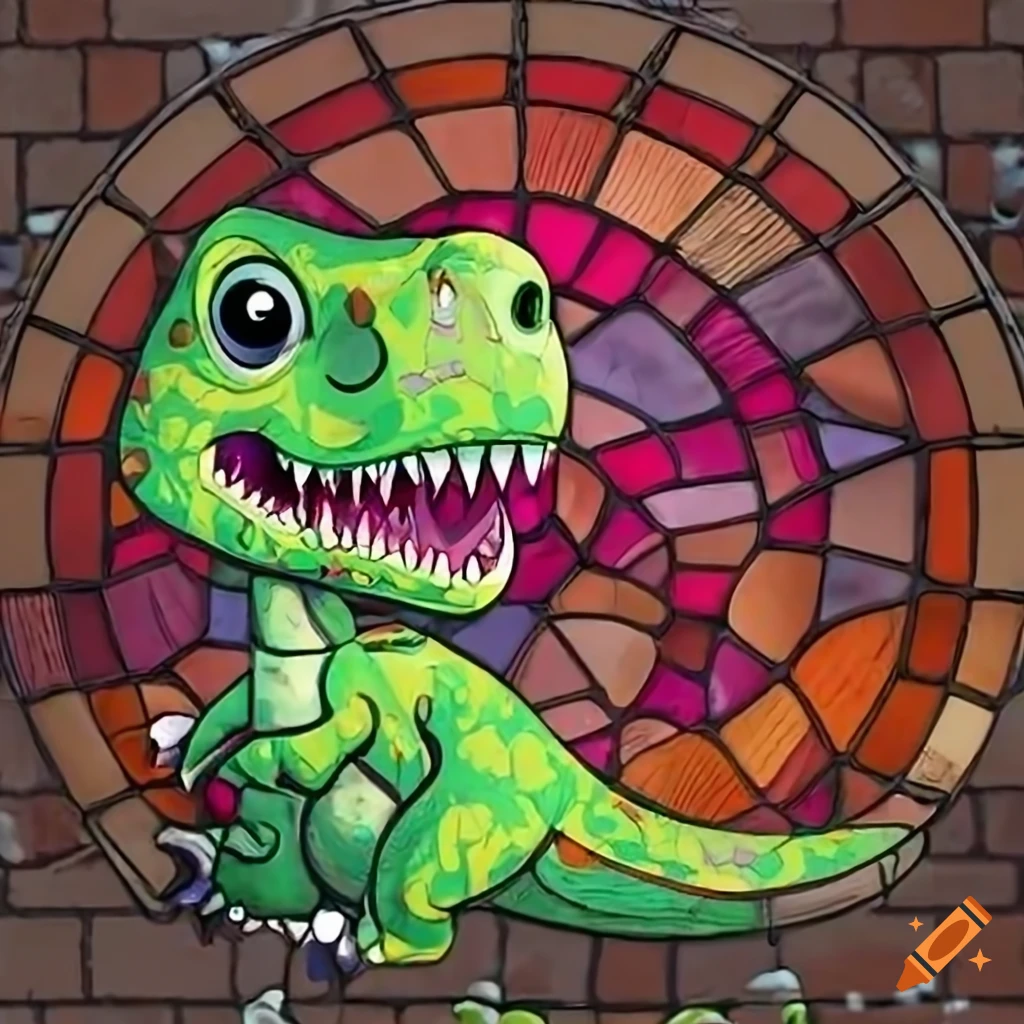 Cartoon baby t-rex stain glass window