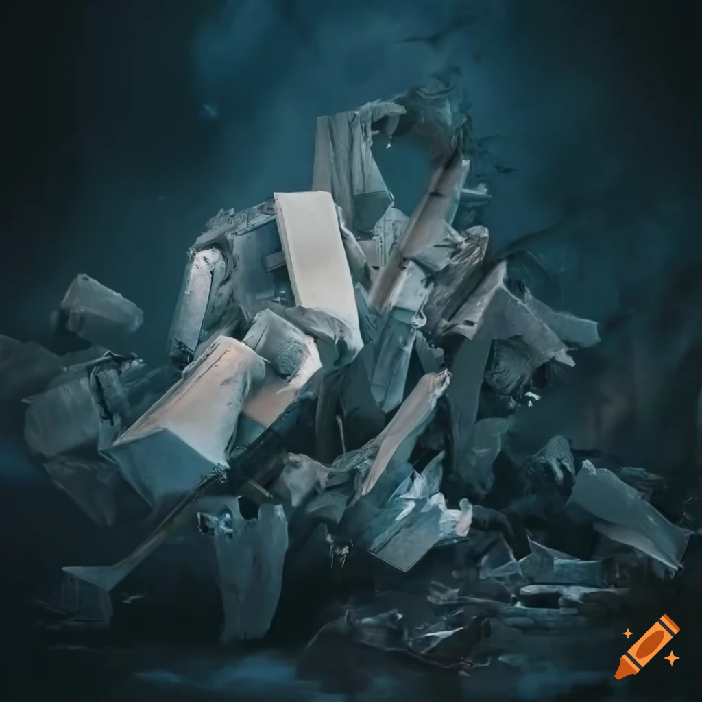 Distorted figure pieces in chaotic junk garbage web in a destroyed ...