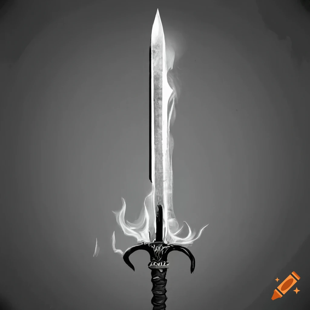 Black and white fantasy sword with flaming blade on paper
