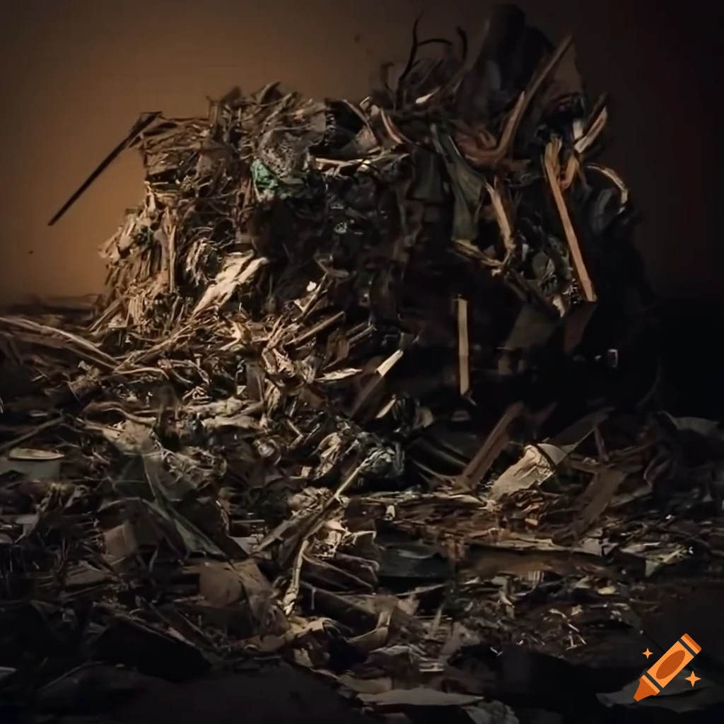 Distorted figure caught in chaotic web of junk garbage in destroyed ...