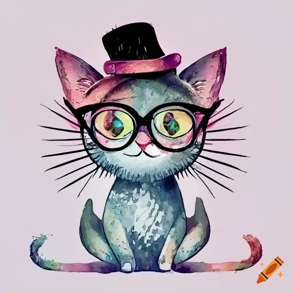 Cat wearing a hat and glasses in watercolor style