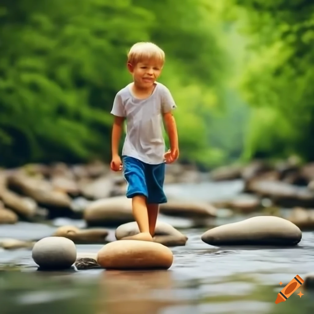Happy boy walking along a river with stepping stones on Craiyon