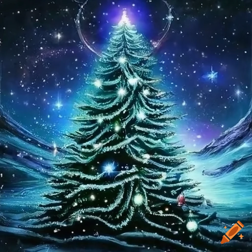 Stairs of christmas trees in cosmic fantasy art setting