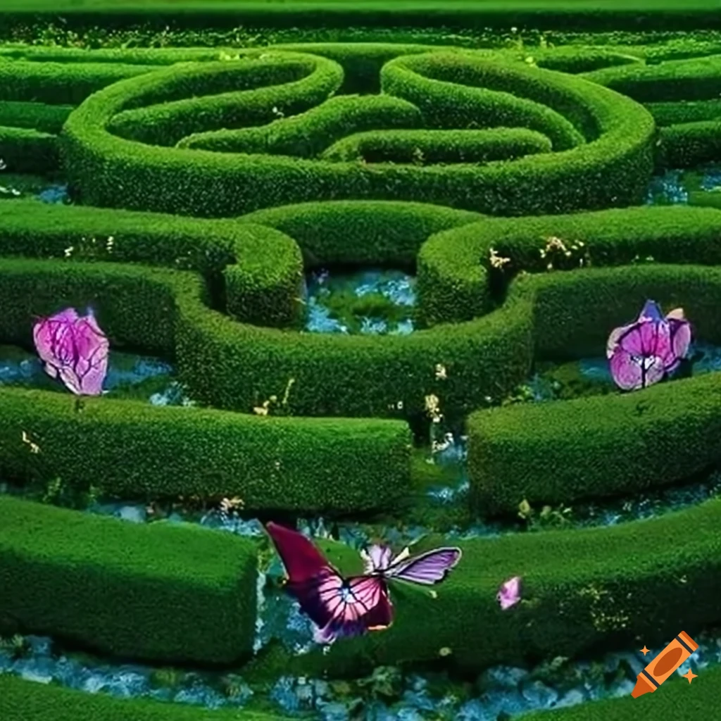 Liminal hedge maze with flowers and butterflies on Craiyon
