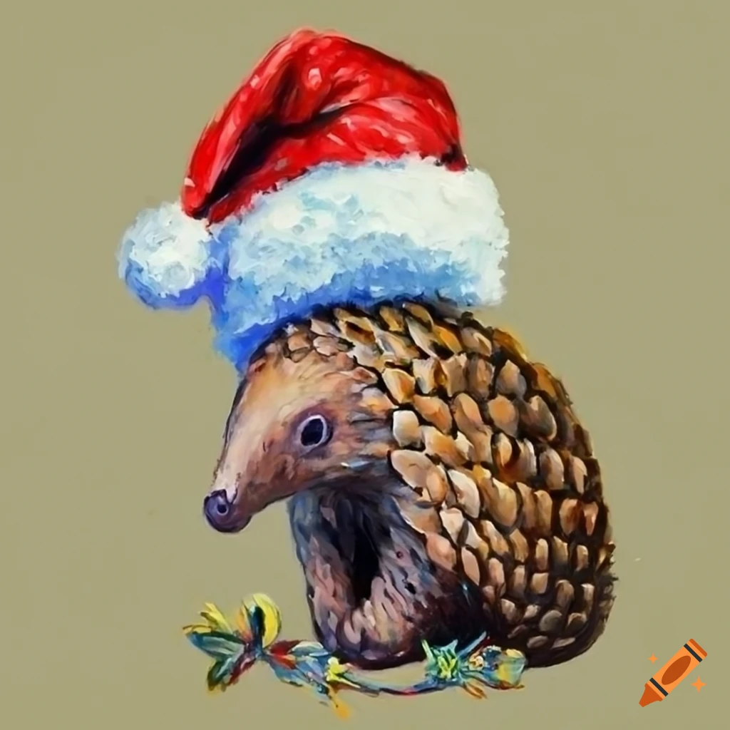 Colorful oil painting of a pangolin wearing a christmas hat on Craiyon
