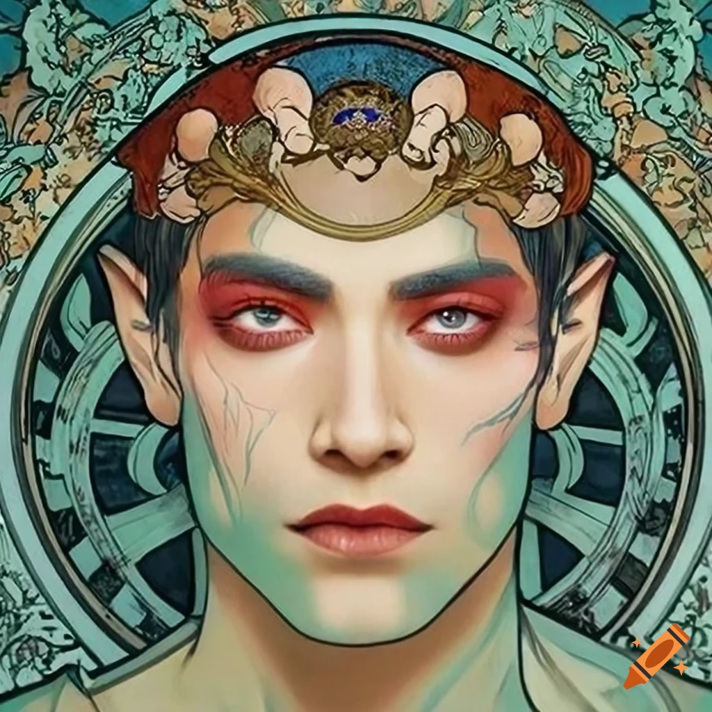 Handsome elven man with eye makeup in alphonse mucha inspired poster