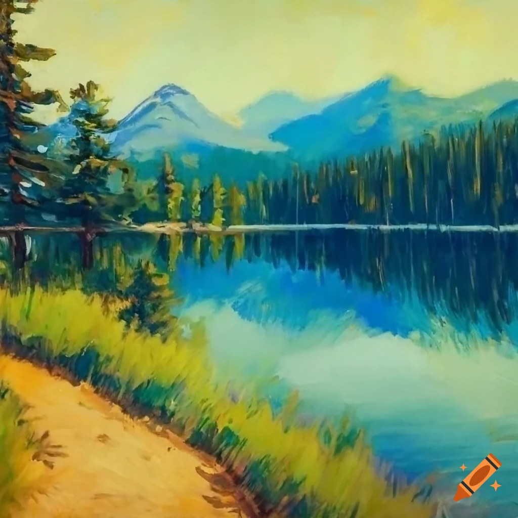 Vintage impressionist painting of a trail next to a reflective lake in ...