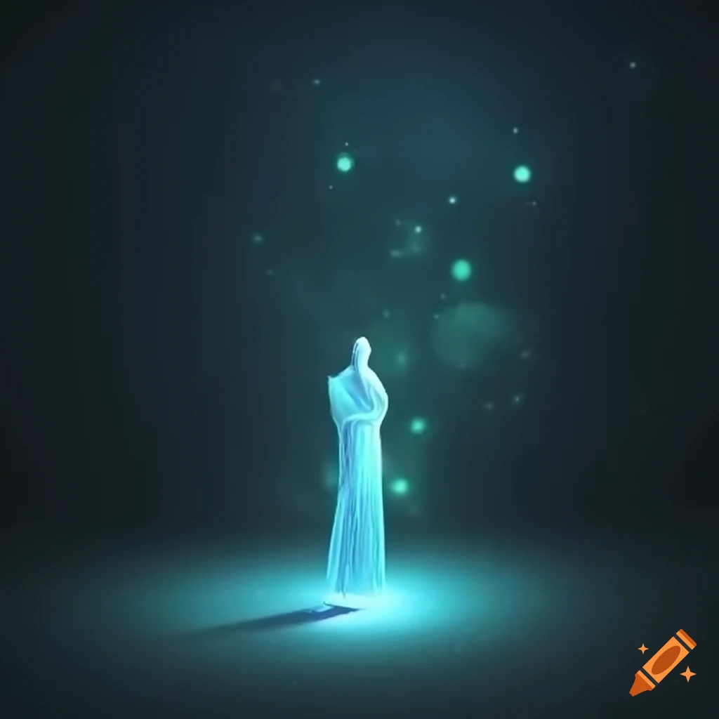 Glowing god bowing towards a man in a white void on Craiyon