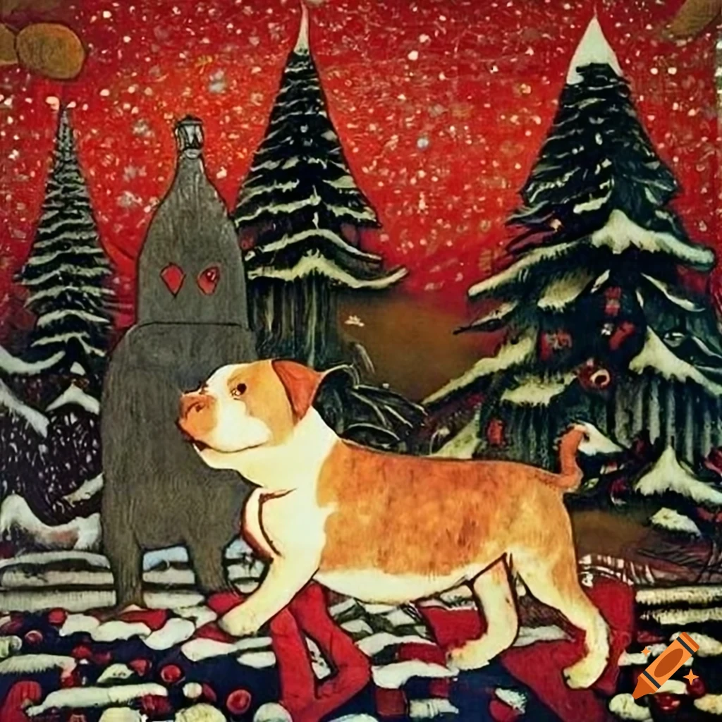 Vintage Christmas card featuring a red-nosed pitbull puppy with Santa ...