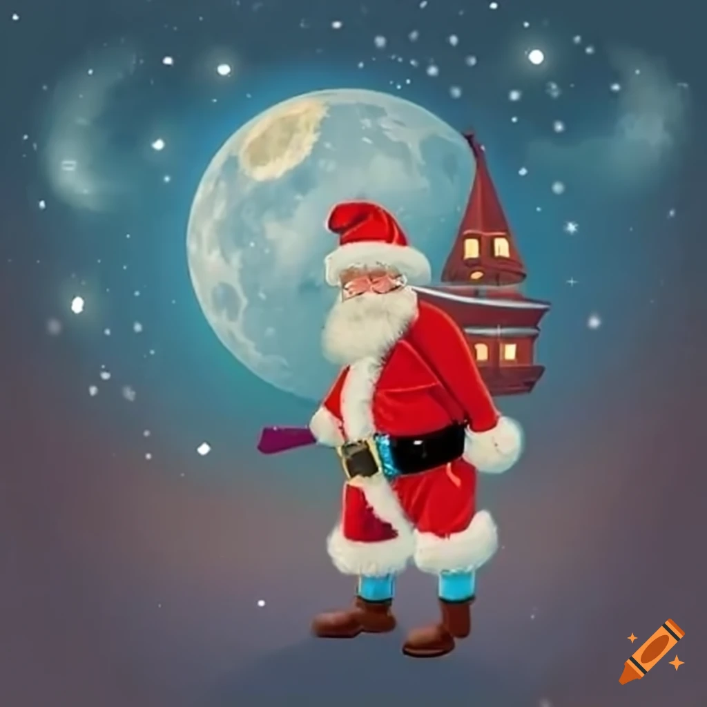 Santa riding a rocket to the moon