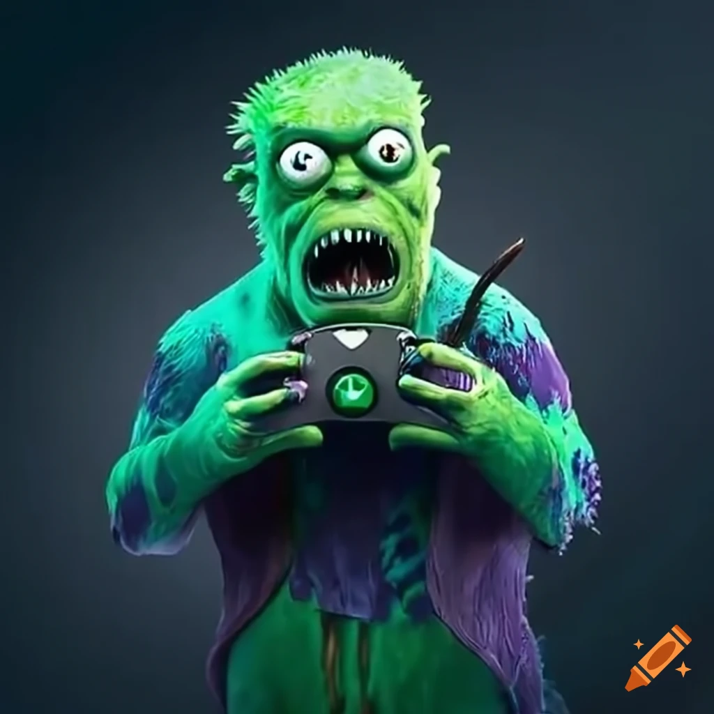 Two monsters playing video games with xbox controller on Craiyon