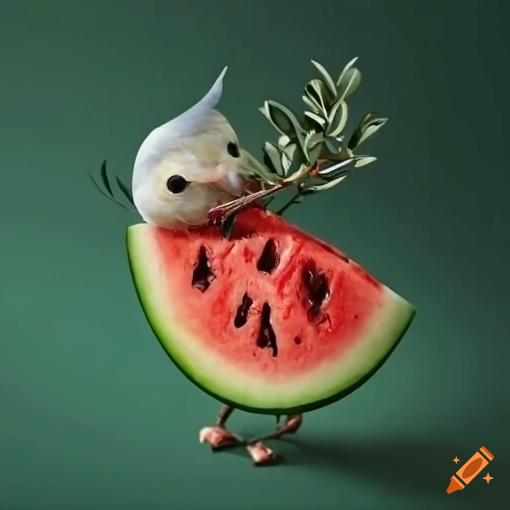 Peaceful bird with olive twig and watermelon