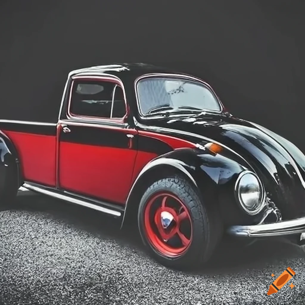 Black and red classic volkswagen beetle transformed into a pick-up truck