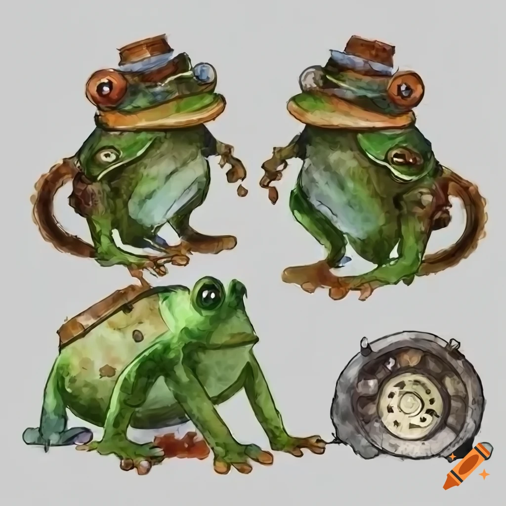 Steampunk frog character in painterly style