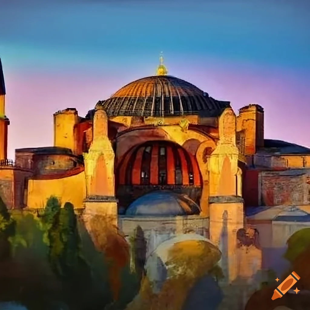 Fresco painting of the Hagia Sophia with domed roof and arches on Craiyon