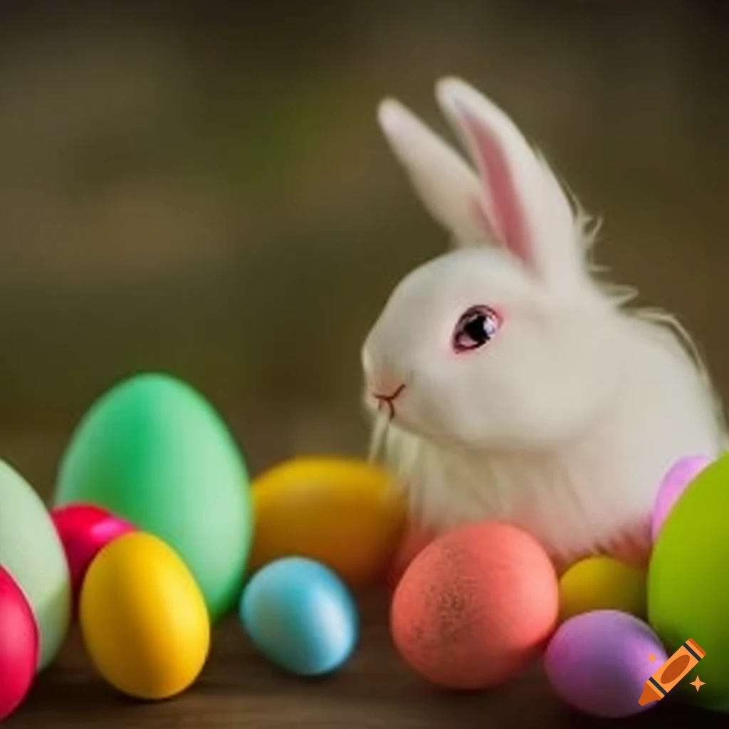 Colorful Easter decorations with eggs, bunnies, and flowers on Craiyon