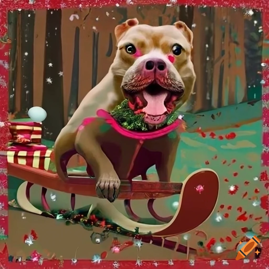 Vintage christmas card with red-nosed pitbull puppy in sleigh through ...