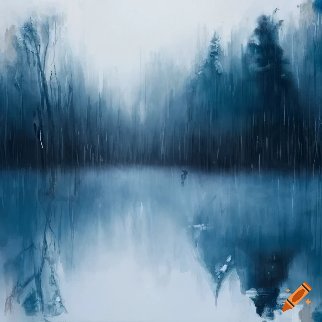 Winter lake painting during a rainstorm with snow on the ground on Craiyon