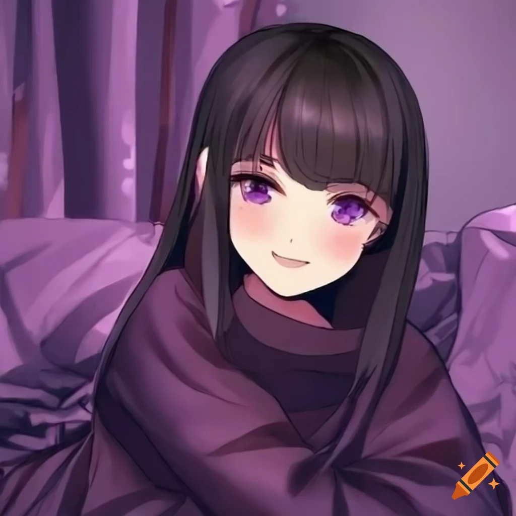 Cute anime-style girl with dark hair and purple eyes, lying on bed in ...