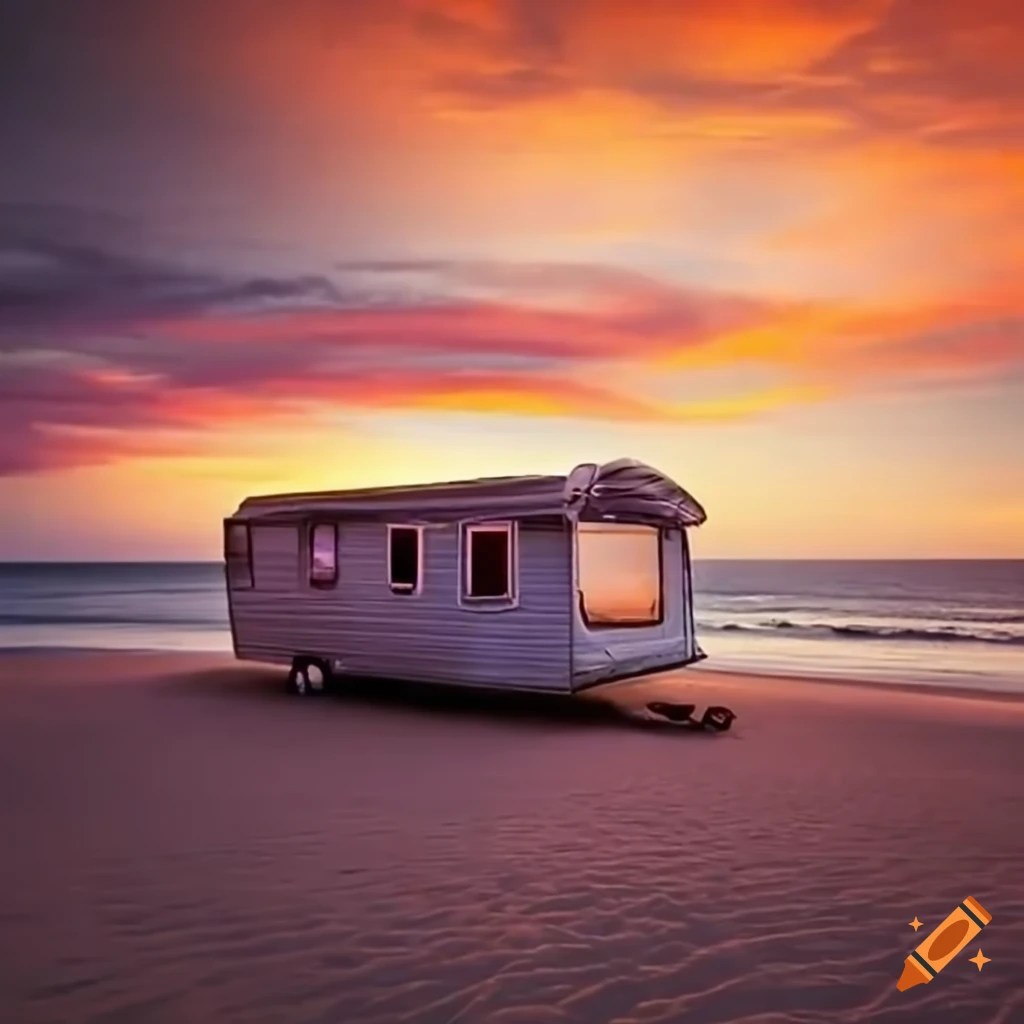 Caravan in front of the beach at sunset on Craiyon