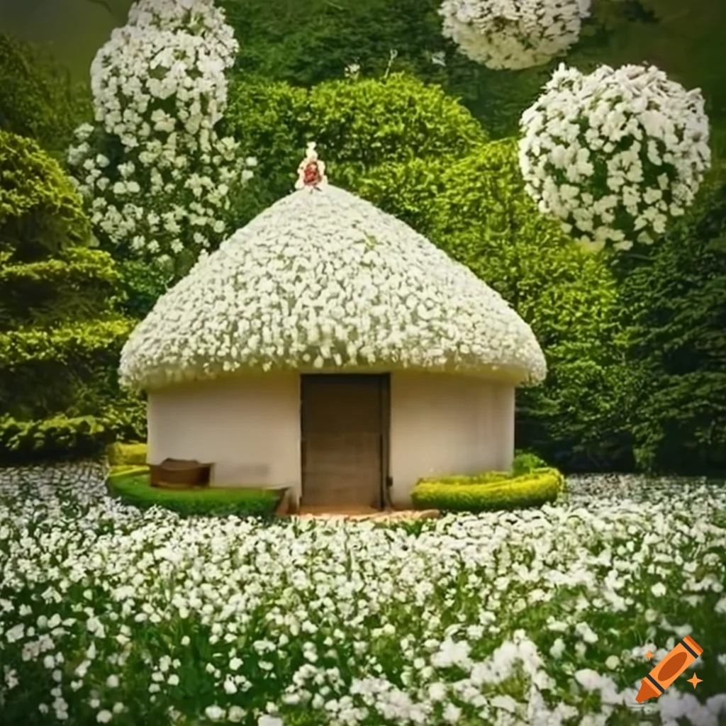 Hut made of white flowers in a flowering garden on Craiyon