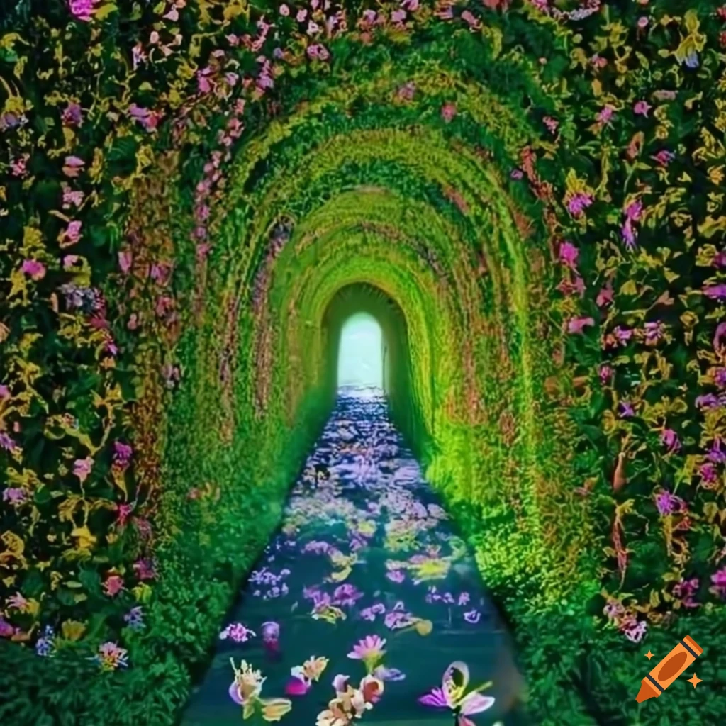 Liminal hedge maze with flowers and butterflies on Craiyon