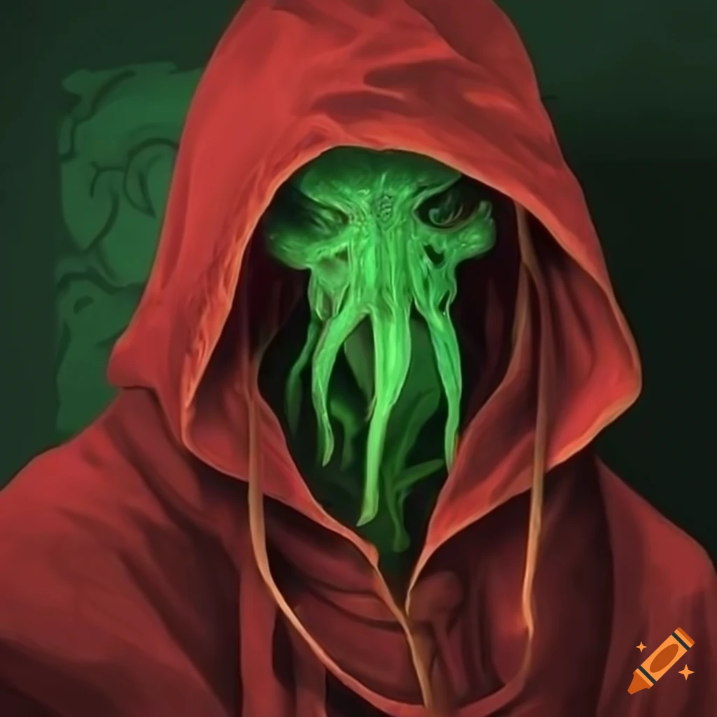 Green cthulhu in a red hooded robe