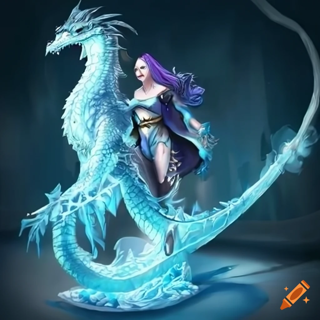 Female ice wizard riding a dragon in a fantasy setting