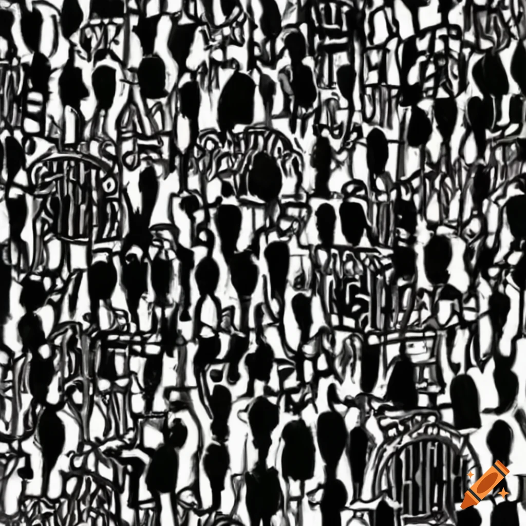 Black and white abstract mosaic of a crowd in a maze