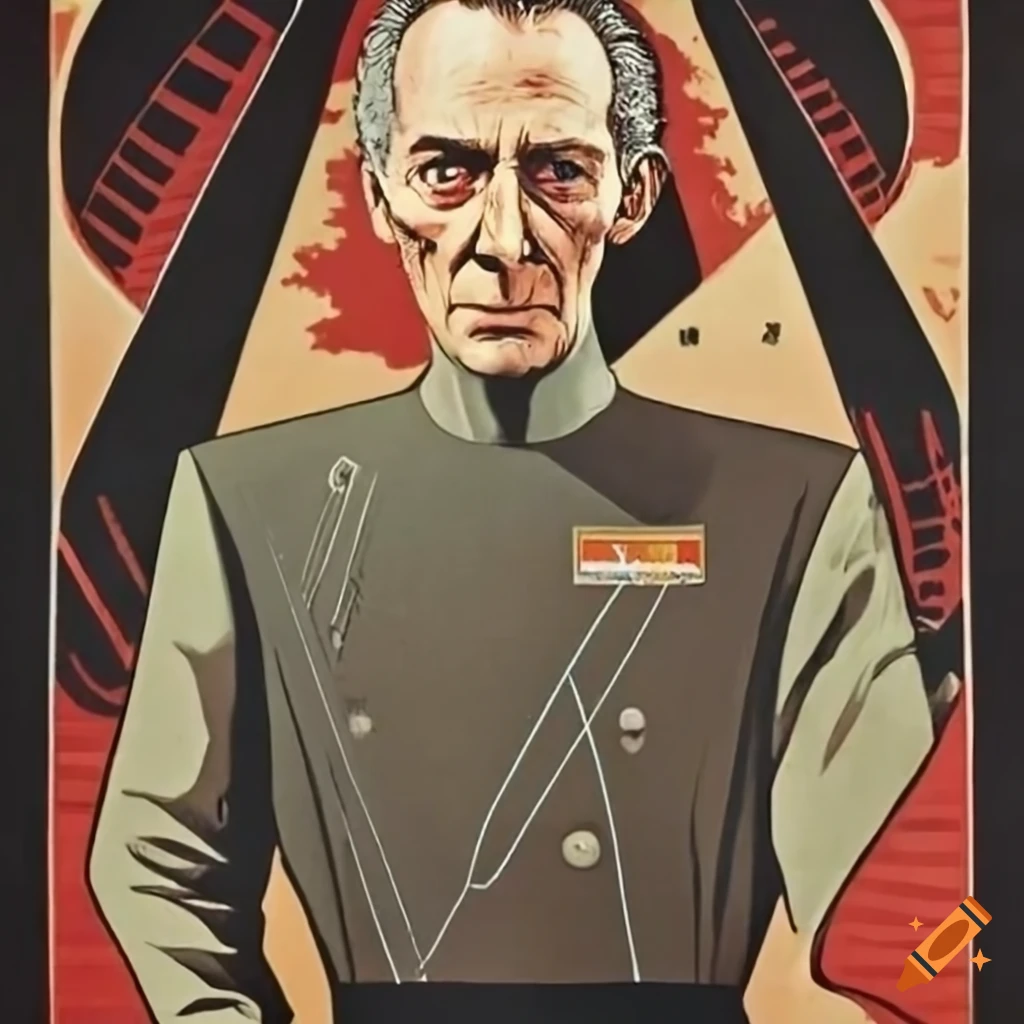 Vintage-style propaganda poster with grand moff tarkin and death star plans