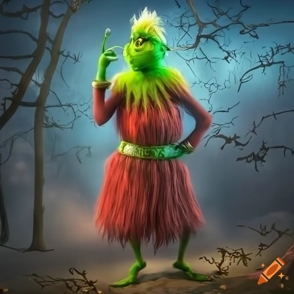 Colorful 3D illustration of The Grinch in medieval attire surrounded by ...