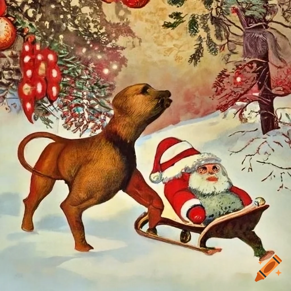Vintage Christmas card featuring a red-nosed pitbull puppy with Santa ...