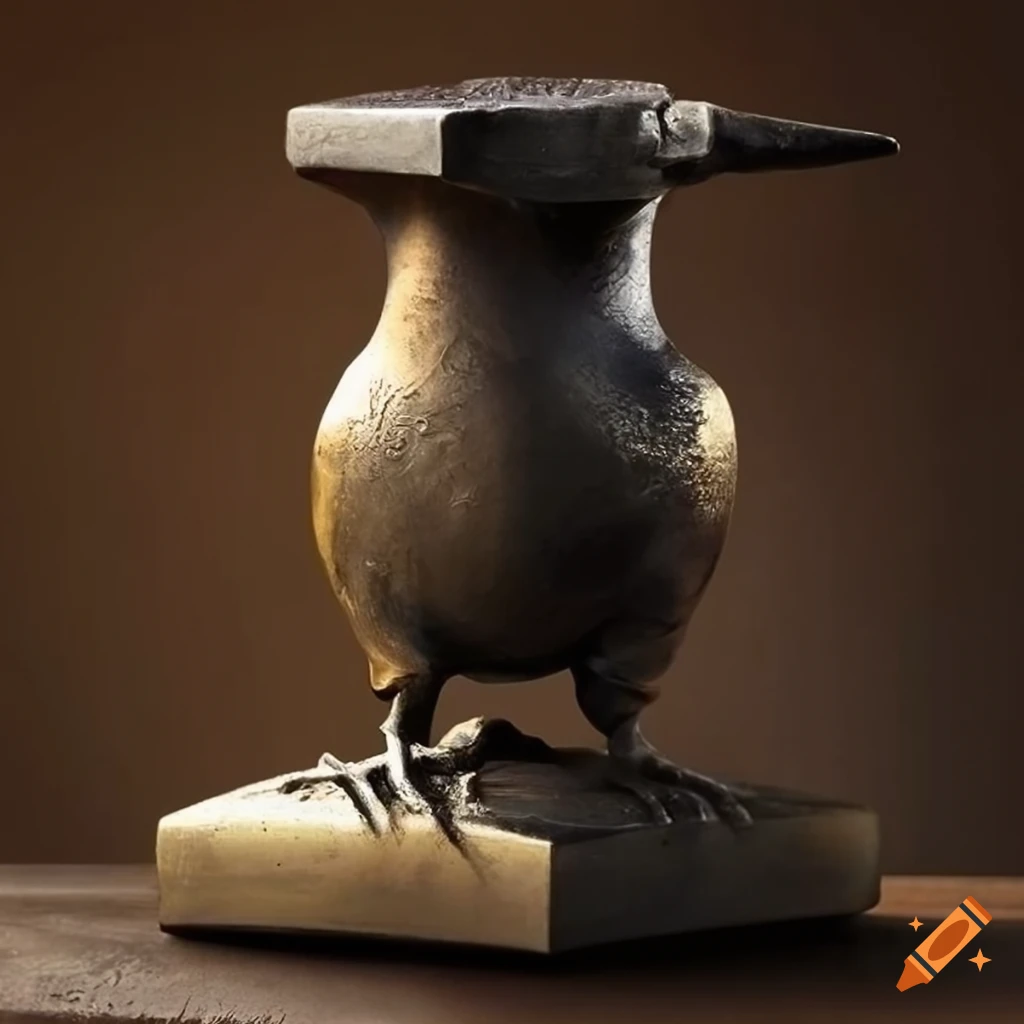 Blacksmith working on a brass pouring container with hammer and pigeon ...