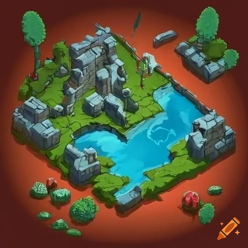Isometric view of a landscape in a dungeon role-playing game map with ...