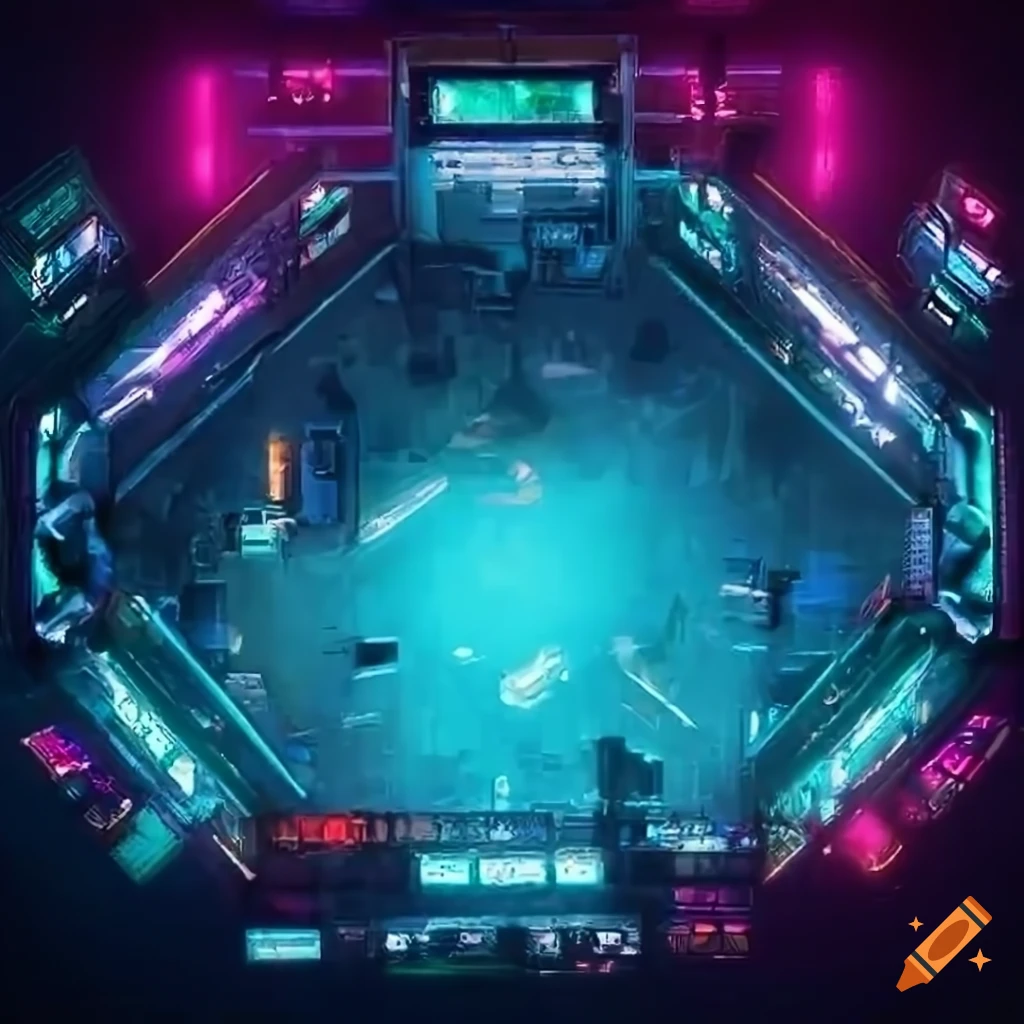 Top-down view of a cyberpunk fighting arena on Craiyon