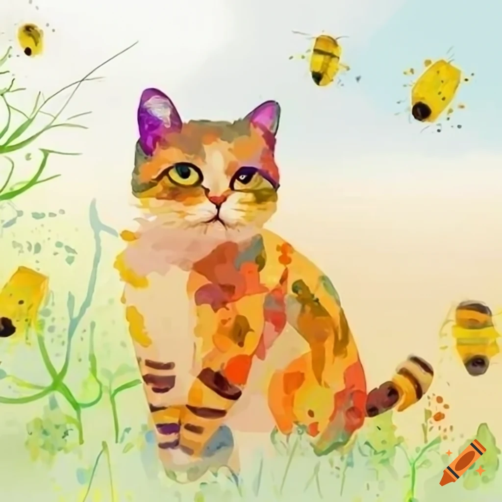 Cat surrounded by bees in a field on Craiyon