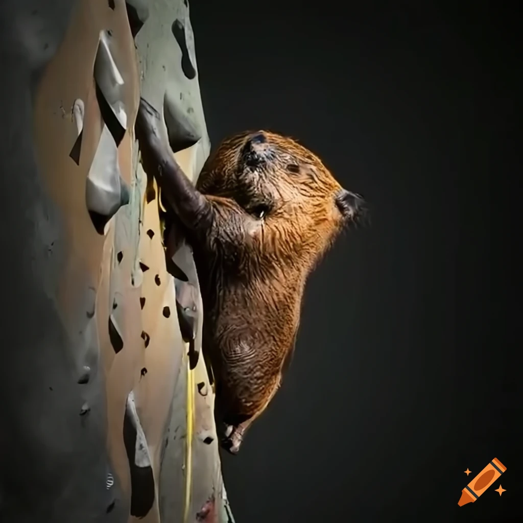 Beaver bouldering in a climbing gym on Craiyon