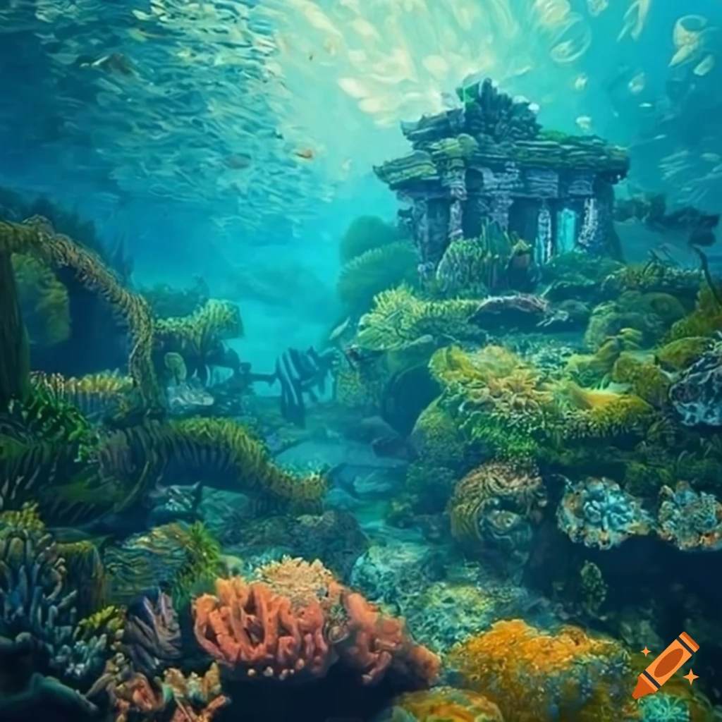 Lush underwater garden with flowers, corals, and overgrown temple ruins ...