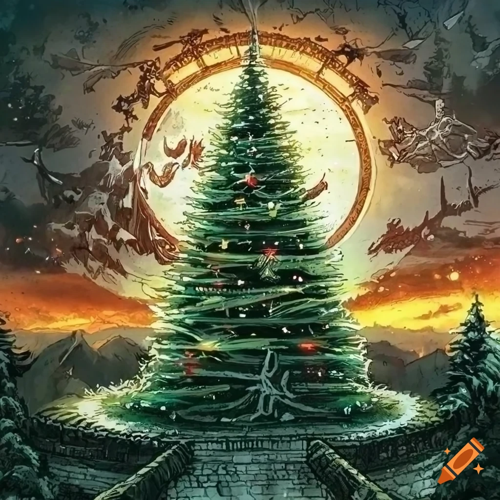 Giant Christmas tree on an alien planet in a dark fantasy setting on ...