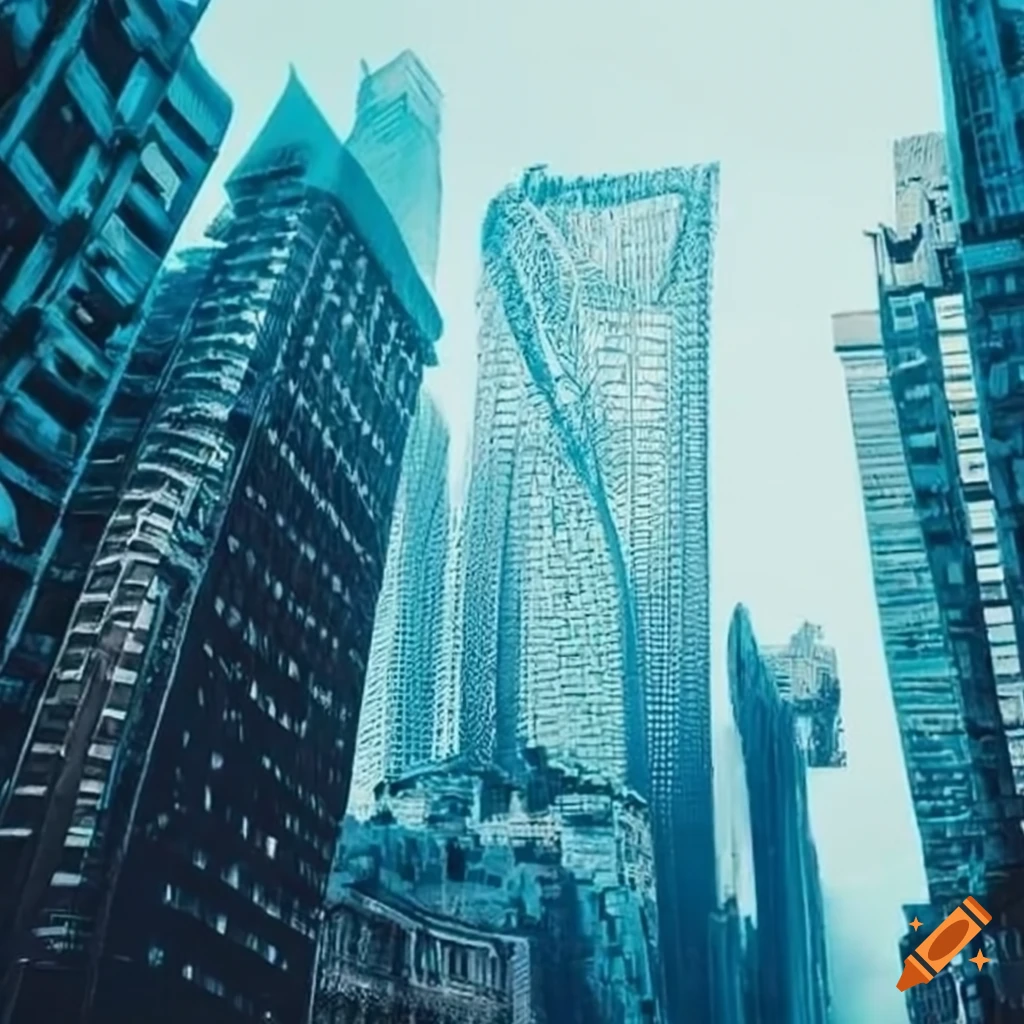 Modern city with snakes wrapping around some buildings