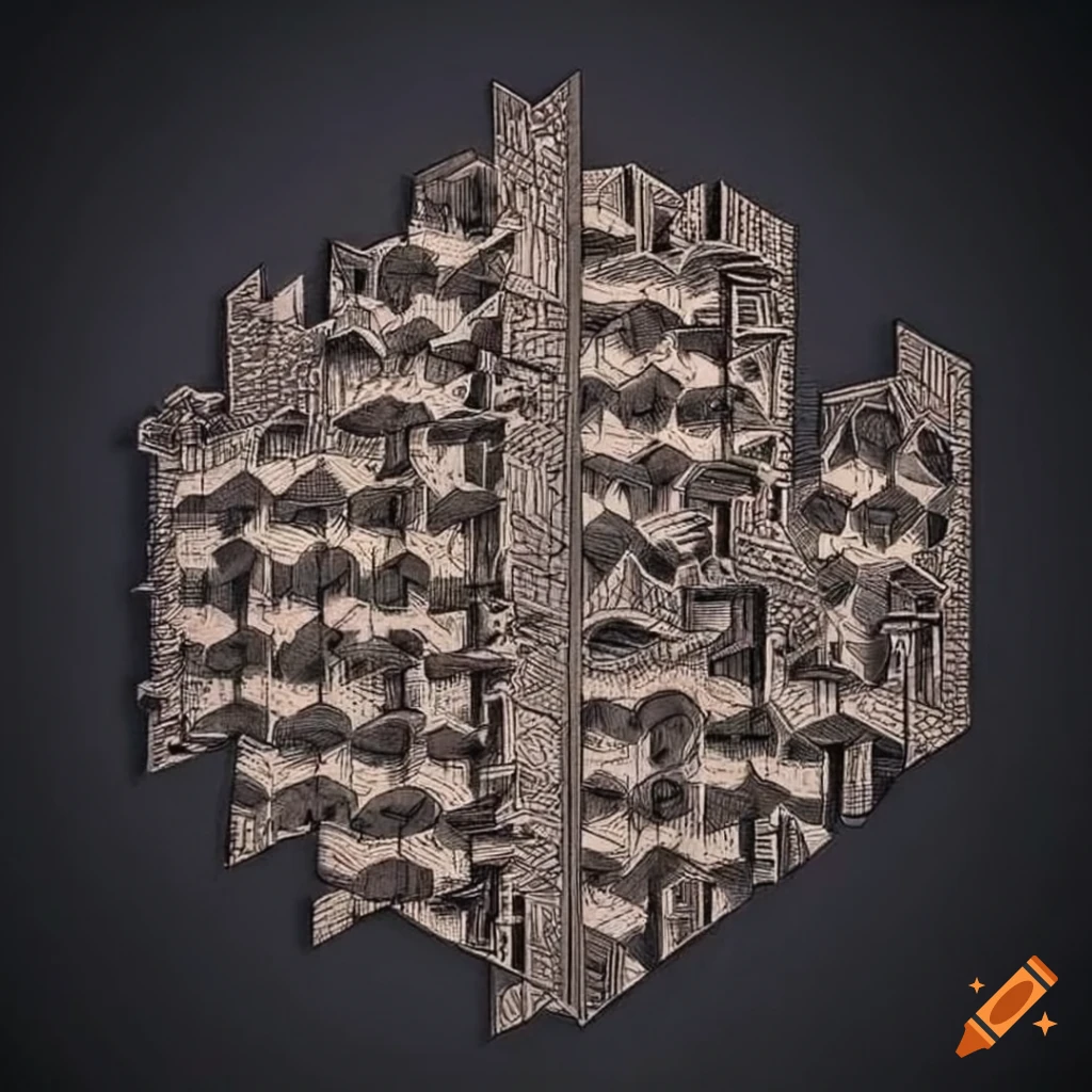 Tessellated buildings morphing into insect legs piercing a heart ...