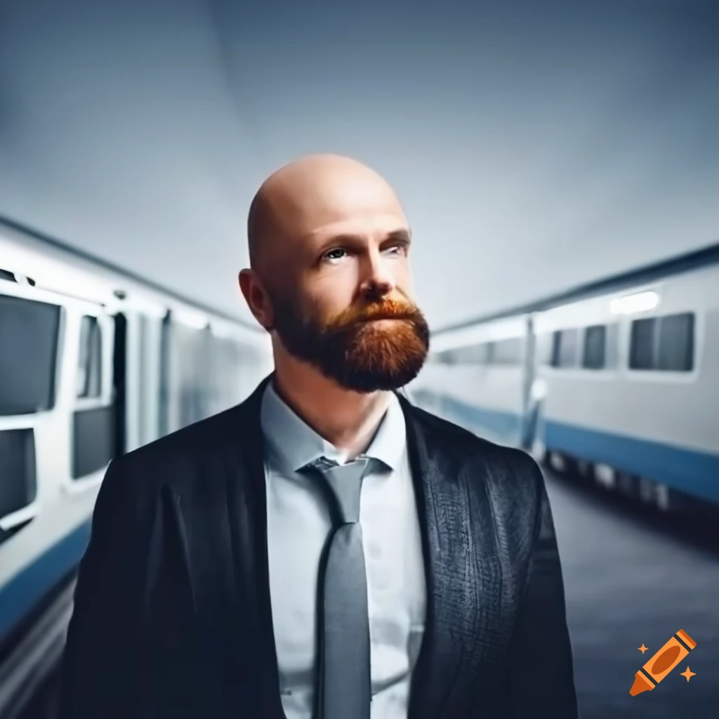 Bald business manager with beard standing in front of a train