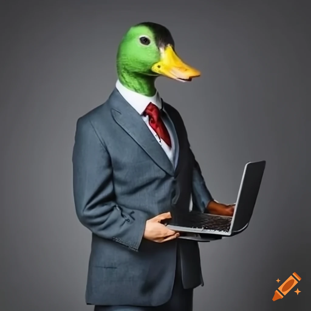 Duck wearing a suit with a laptop